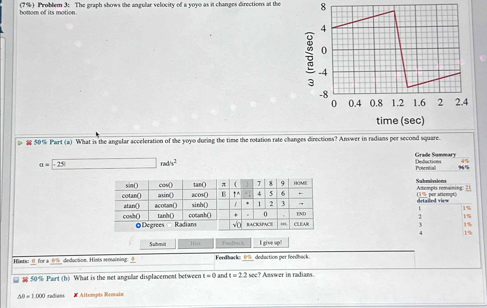 Solved (7%) ﻿Problem 3: The graph shows the angular velocity | Chegg.com