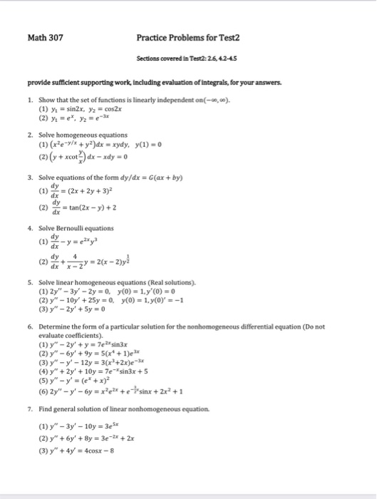 Solved Math 307 Practice Problems for Test2 Sections covered | Chegg.com