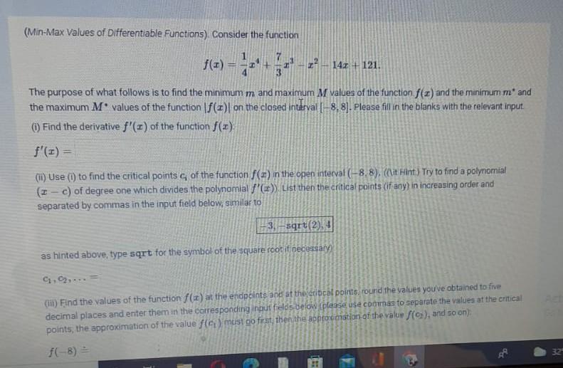 Solved (Min-Max Values of differentiable Functions). | Chegg.com