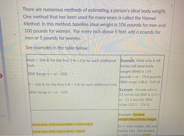 Solved using both the hamwii method and bmi method cacukate | Chegg.com