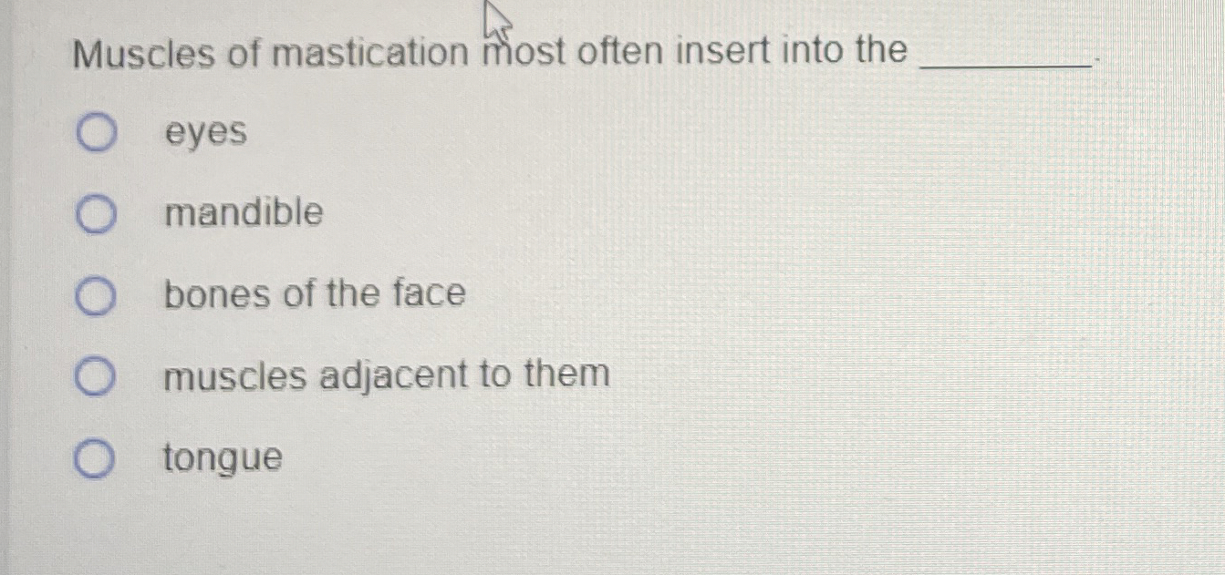 Solved Muscles of mastication most often insert into | Chegg.com