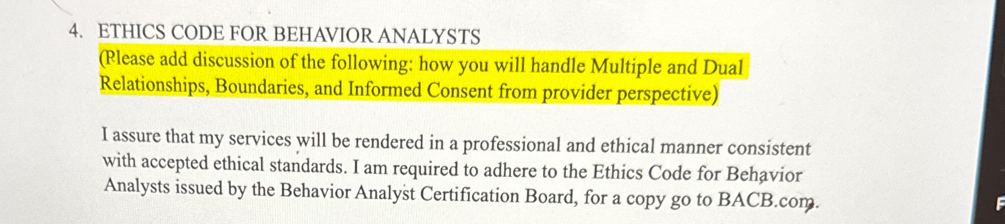 Solved ETHICS CODE FOR BEHAVIOR ANALYSTS(Rlease add | Chegg.com