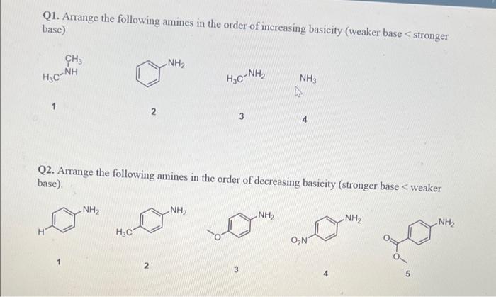 Solved Q1. Arrange the following amines in the order of | Chegg.com