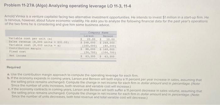Solved Problem 11-27A (Algo) Analyzing operating leverage LO | Chegg.com