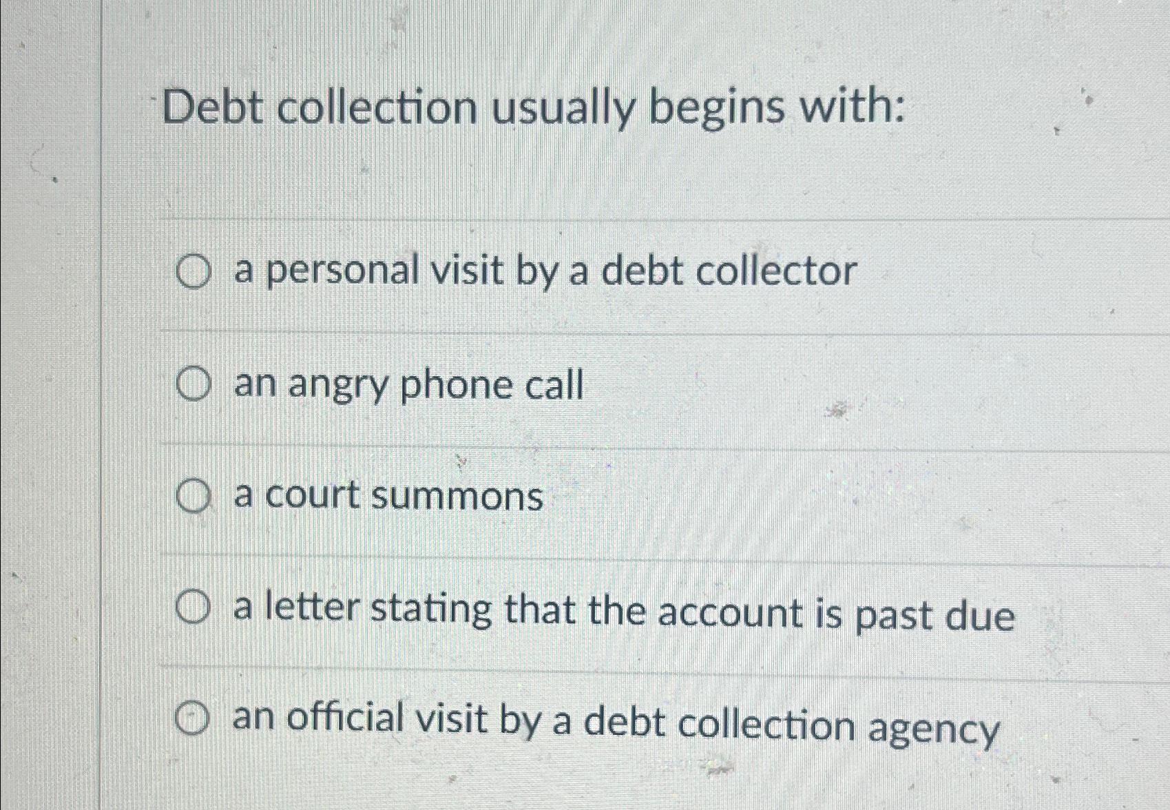 Solved Debt collection usually begins with:a personal visit | Chegg.com