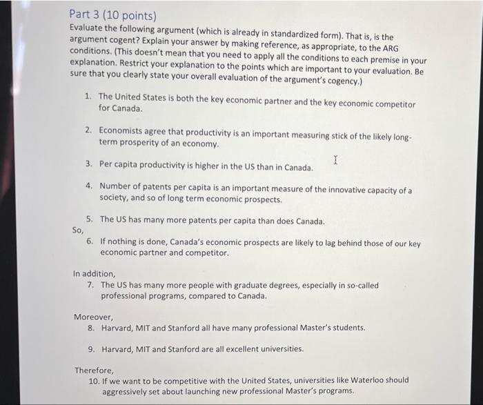 Part 3 (10 points) Evaluate the following argument | Chegg.com