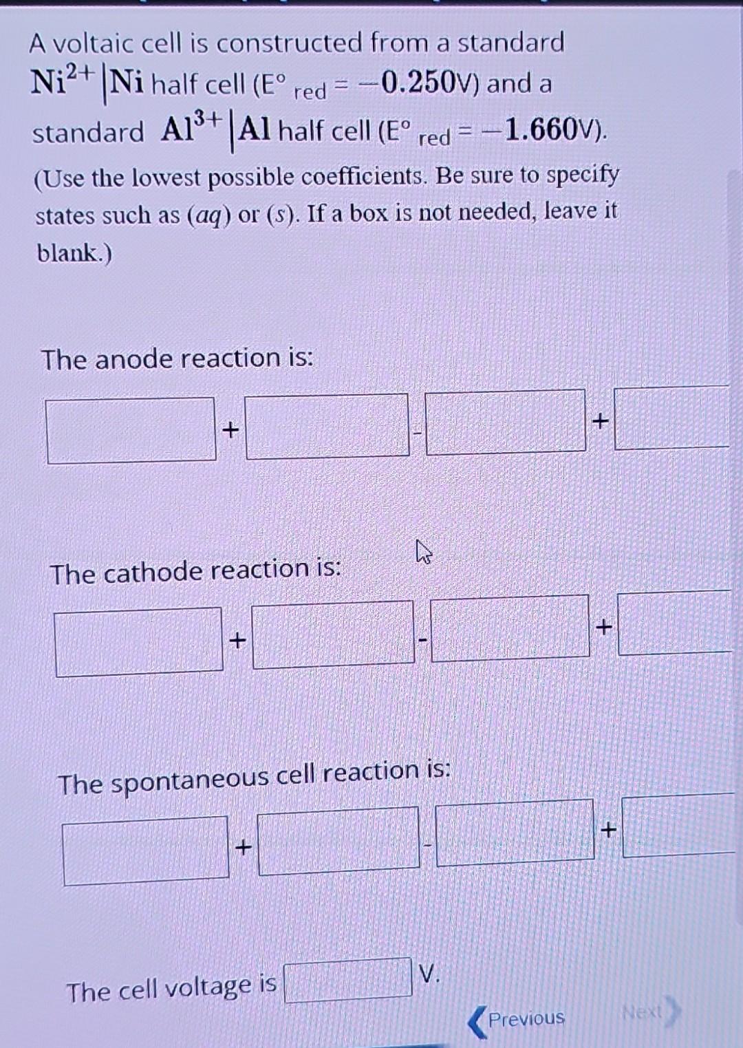 Solved A voltaic cell is constructed from a standard Ni2+∣Ni | Chegg.com