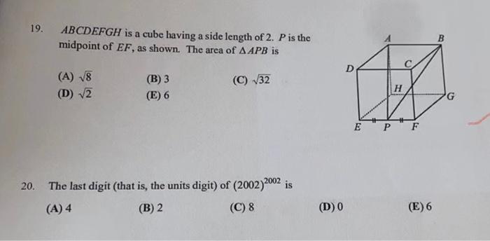Solved 19. ABCDEFGH is a cube having a side length of 2. P | Chegg.com