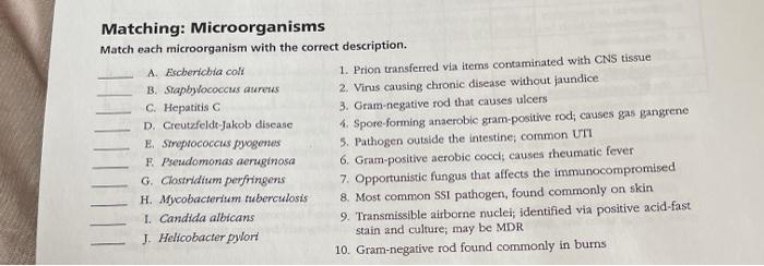 Solved Matching: Microorganisms Match each microorganism | Chegg.com