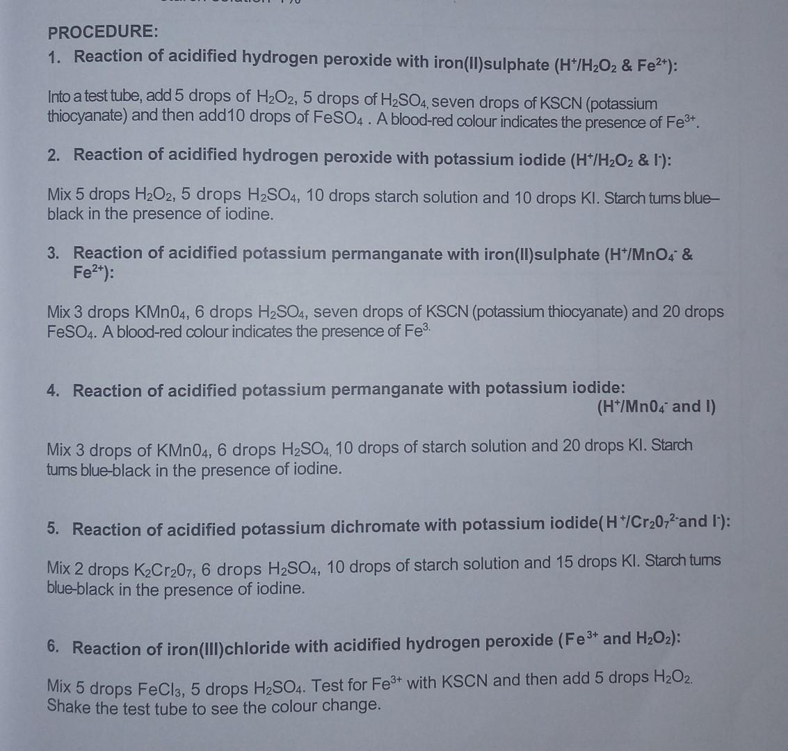 Solved PROCEDURE: 1. Reaction of acidified hydrogen peroxide | Chegg.com