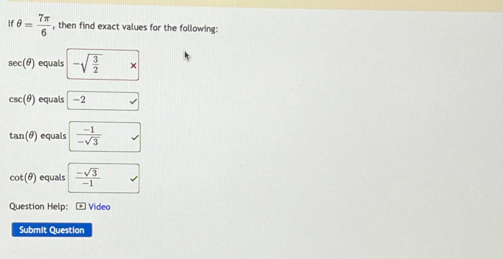 Solved If θ=7π6, ﻿then find exact values for the | Chegg.com