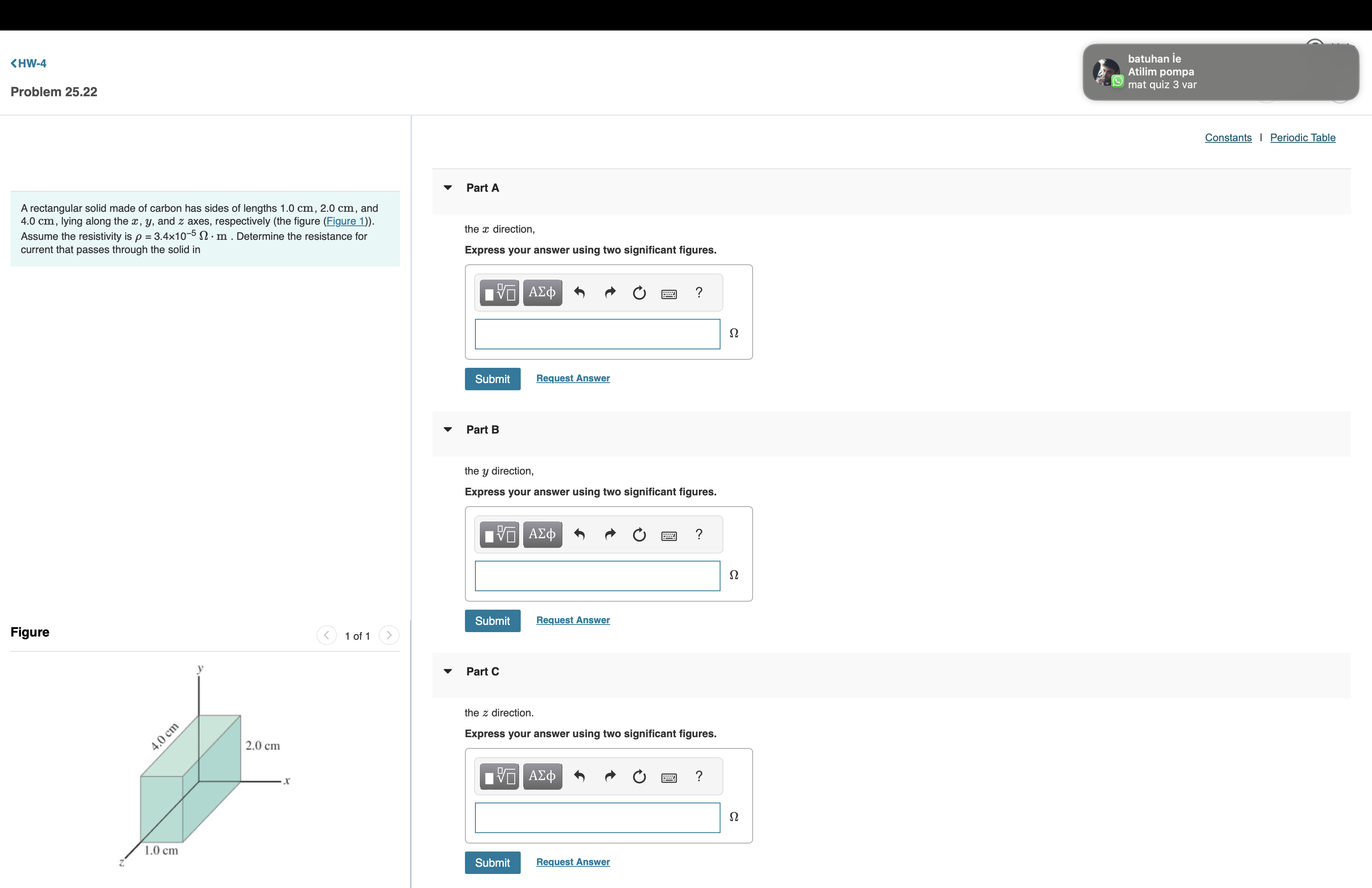 Solved A rectangular solid made of carbon has sides of | Chegg.com