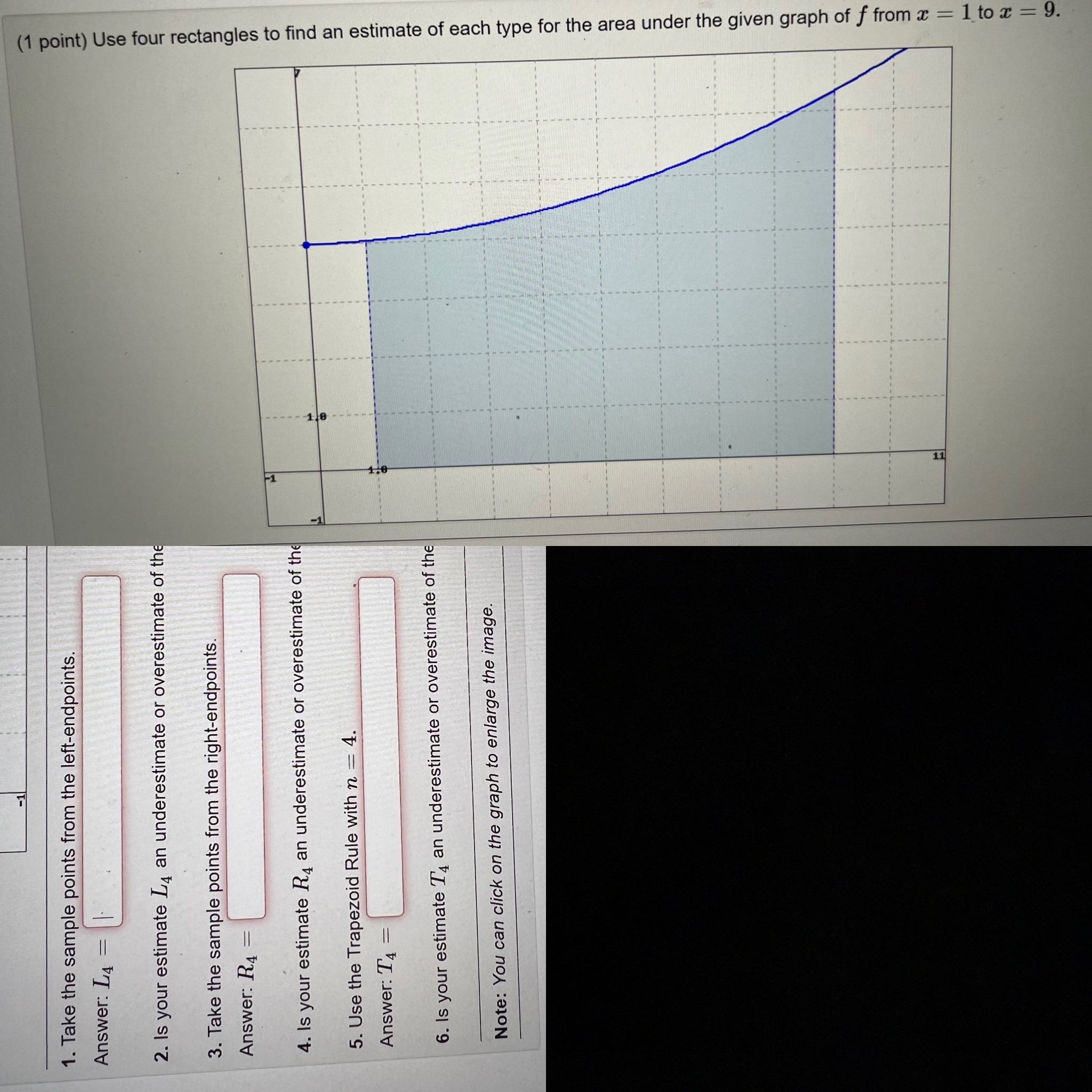 Solved (1 ﻿point) ﻿Use four rectangles to find an estimate | Chegg.com