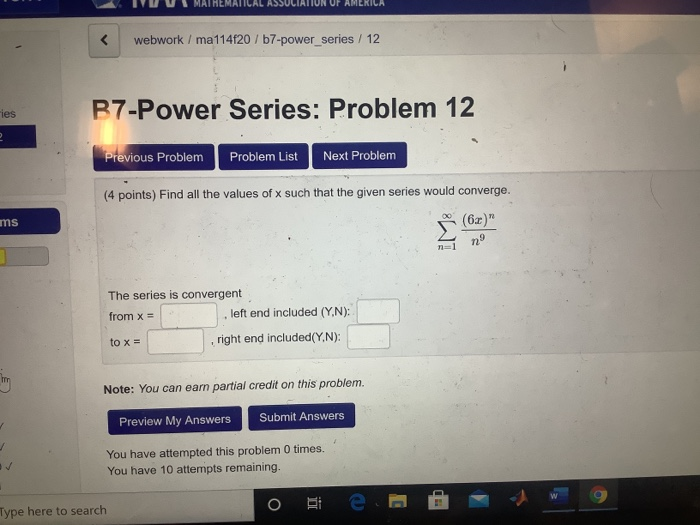 Solved MATICAL IERILA webwork / ma114f20 /b7-power_series / | Chegg.com