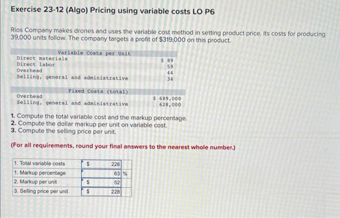 Solved Check my work Exercise 23-12 (Algo) Pricing using | Chegg.com