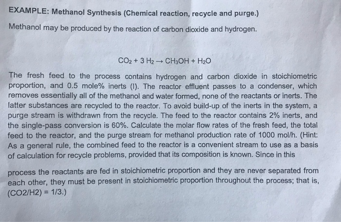 Solved EXAMPLE: Methanol Synthesis (Chemical reaction, | Chegg.com