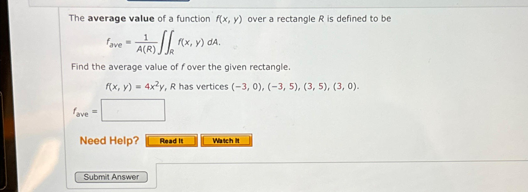 Solved The average value of a function f(x,y) ﻿over a | Chegg.com