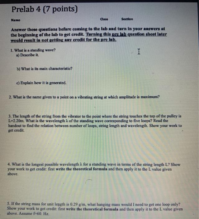 Solved Prelab 4 (7 points) Name Class Section Answer these | Chegg.com