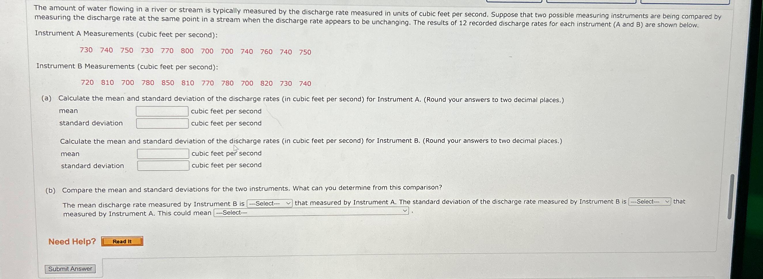 Solved Instrument A Measurements (cubic feet per | Chegg.com