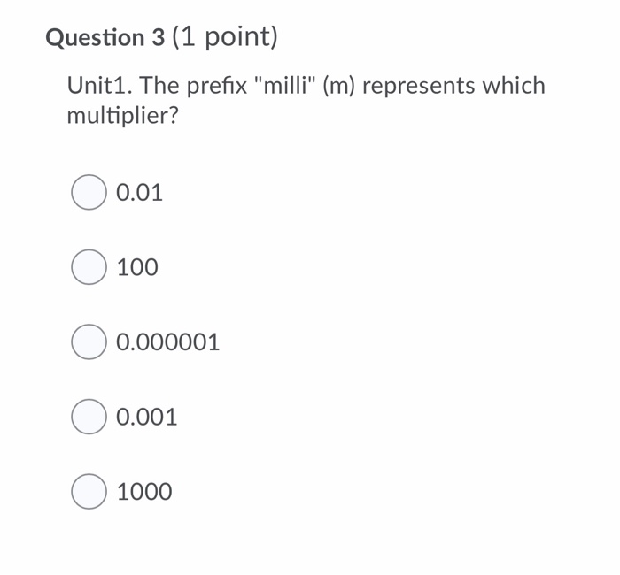 Solved Question 3 (1 point) Unit1. The prefix "milli" (m) | Chegg.com