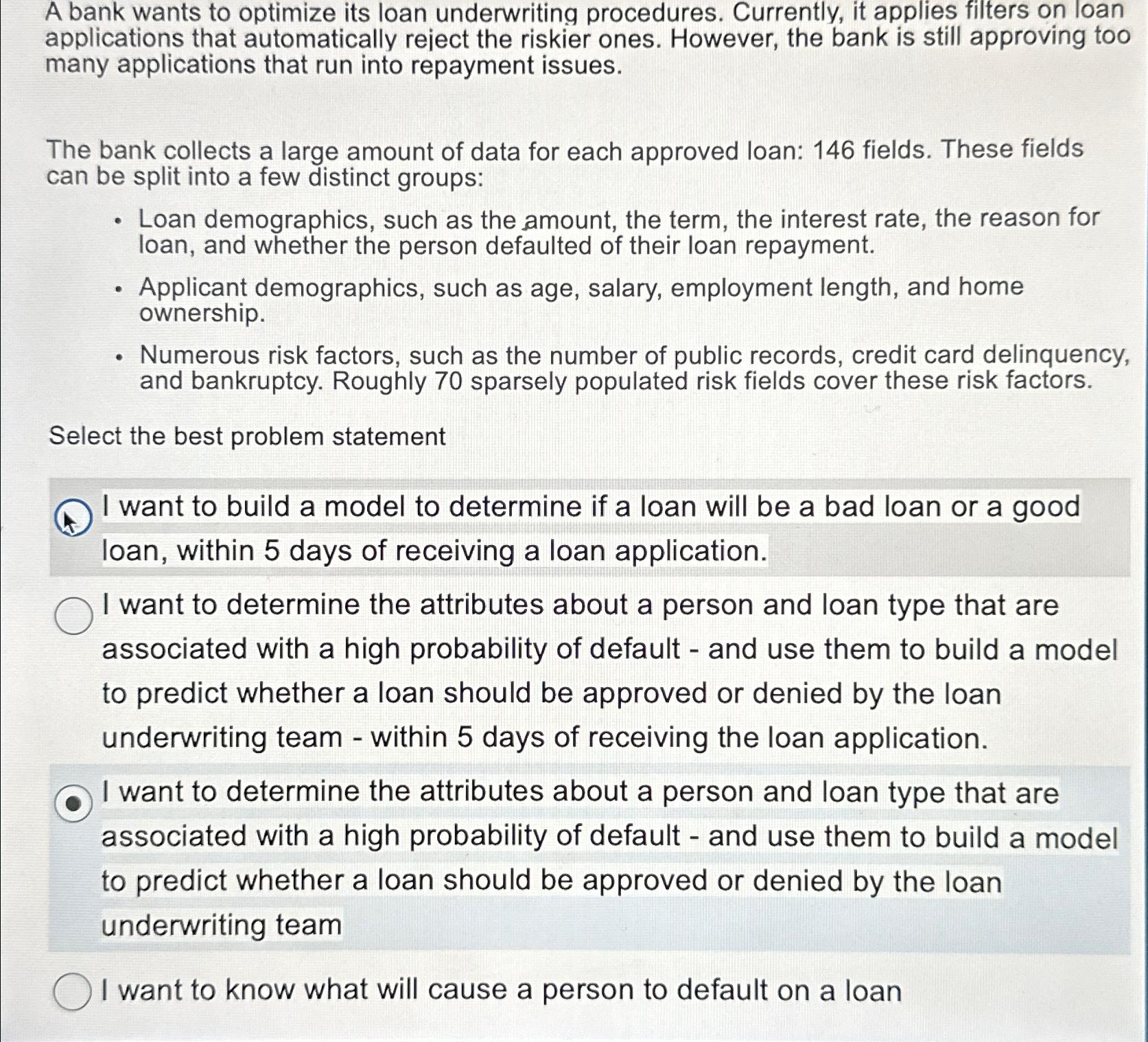 Solved A bank wants to optimize its loan underwriting | Chegg.com