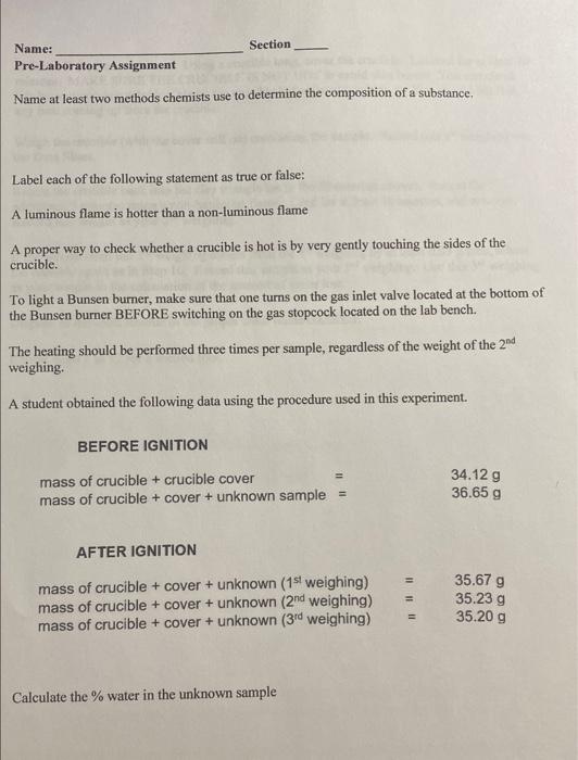 Solved Name: Section Pre-Laboratory Assignment Name at least | Chegg.com