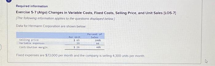 Solved Required informotion Exercise 5-7 (Algo) Changes in | Chegg.com