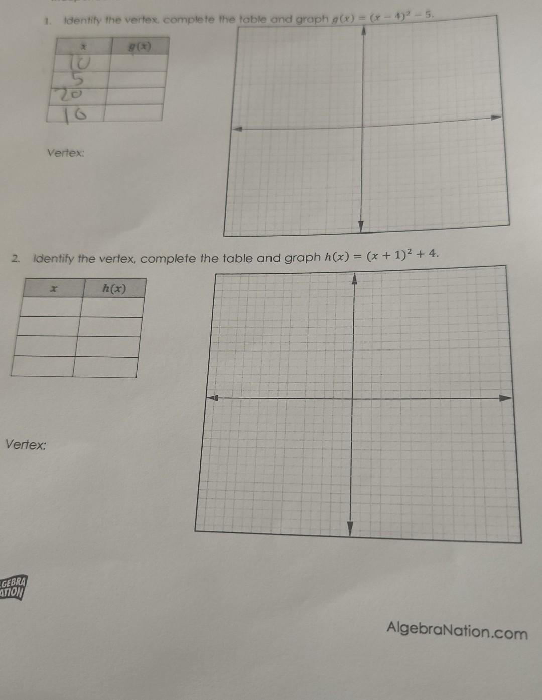 Solved 1. Identity the vertex, complete the table and graph | Chegg.com