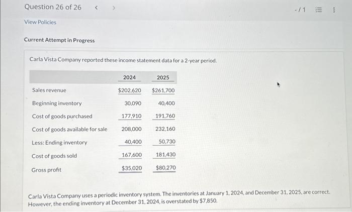 Solved Current Attempt in Progress Carla Vista Company | Chegg.com