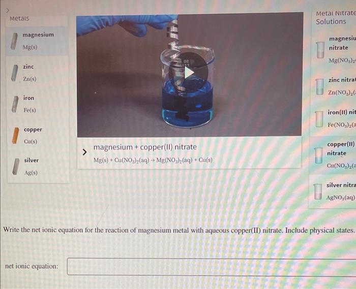 Solved Metals Metal Nitrate Solutions magnesium Mg(s) zinc | Chegg.com