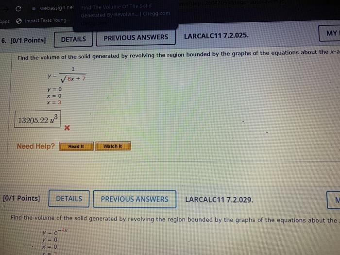 Solved webassign ne Find the volume of the solid Generated | Chegg.com