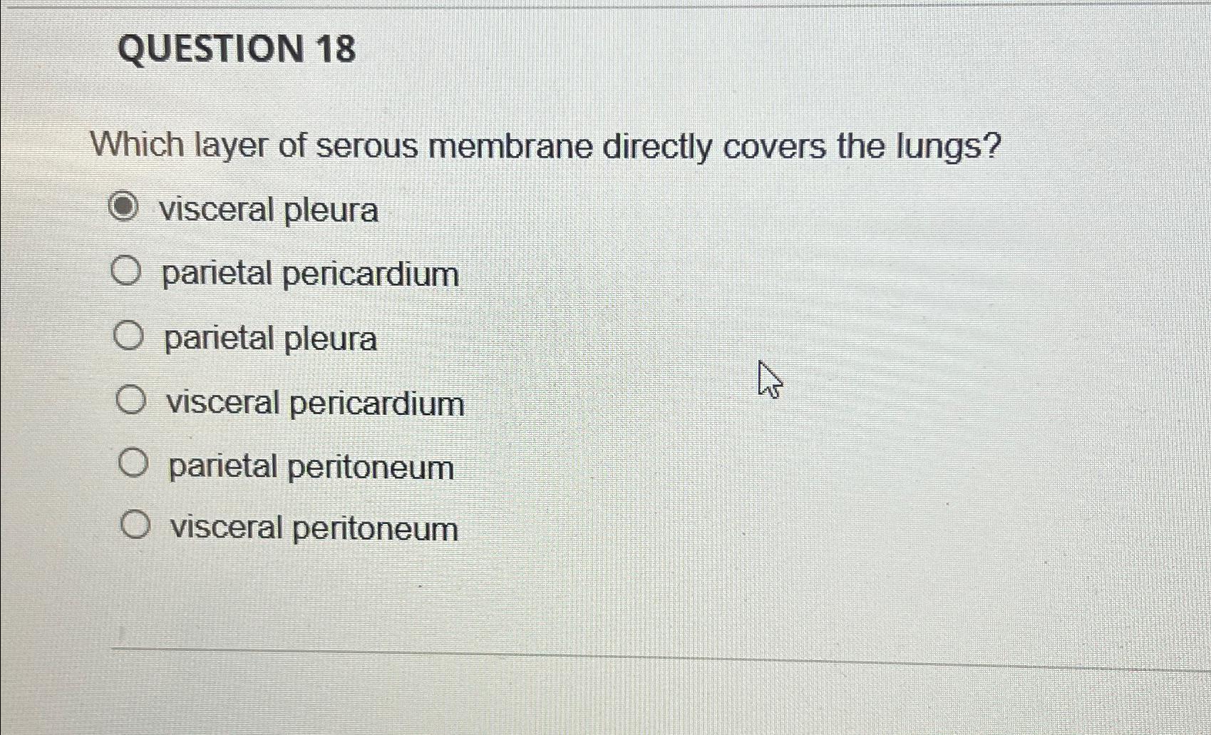 Solved QUESTION 18Which layer of serous membrane directly | Chegg.com