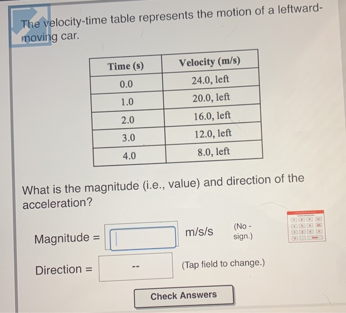 Solved The velocity-time table represents the motion of a | Chegg.com