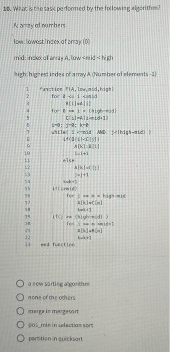 Solved A: array of numbers low: lowest index of array (0) | Chegg.com