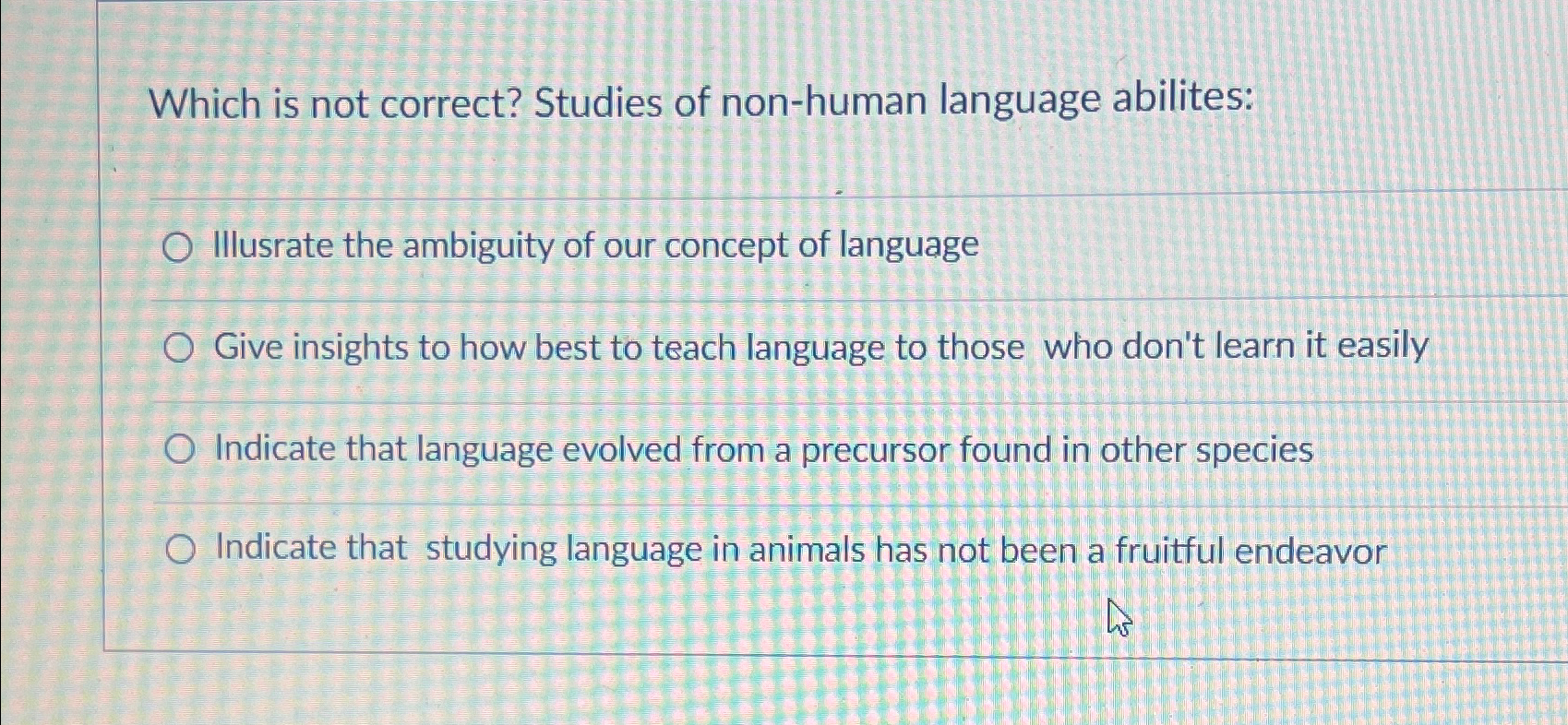 Solved Which is not correct? Studies of non-human language | Chegg.com