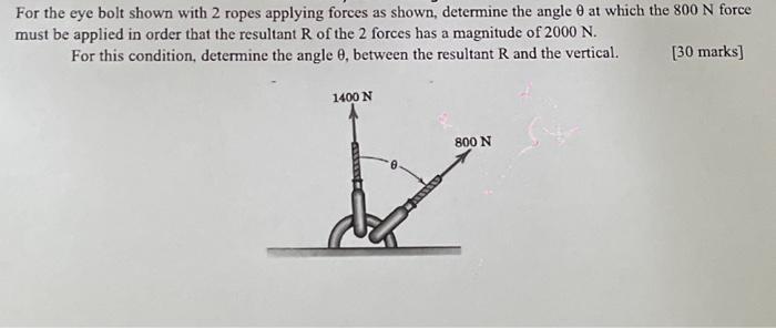 Solved For the eye bolt shown with 2 ropes applying forces | Chegg.com