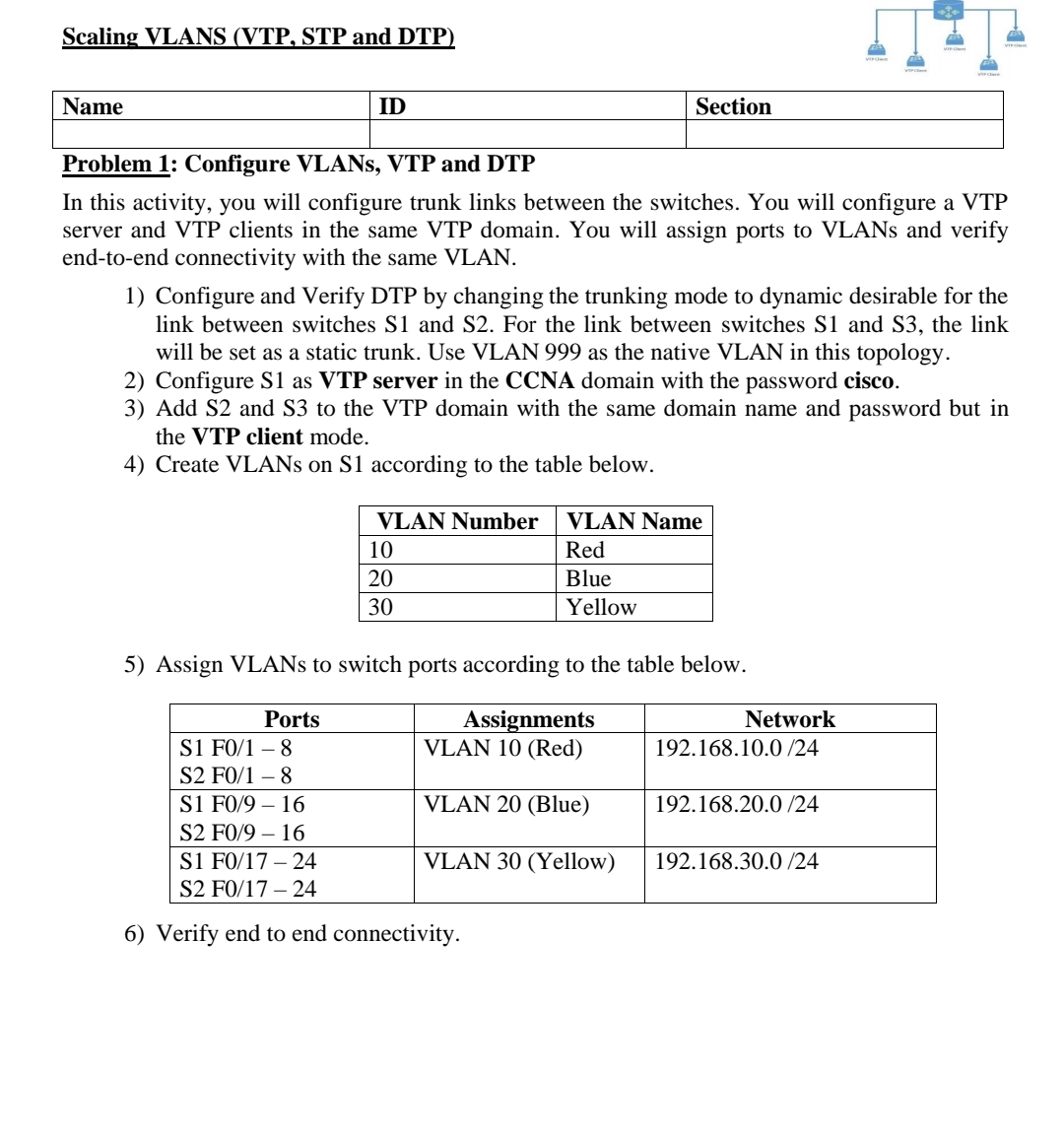 Solved Scaling VLANS (VTP, STP and DTP)Problem 1: Configure | Chegg.com Solved Scaling VLANS (VTP, STP and DTP)Problem 1: Configure | Chegg.com