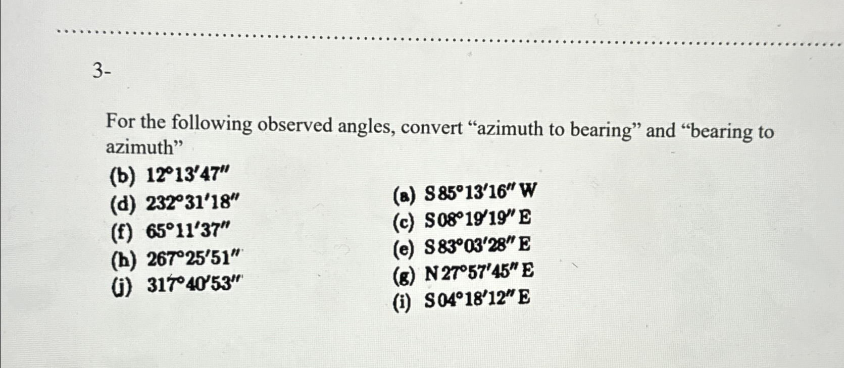 Solved 3-For the following observed angles, convert "azimuth | Chegg.com