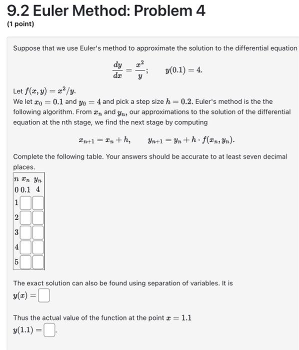 Solved 9.2 Euler Method: Problem 4 (1 point) Suppose that we | Chegg.com