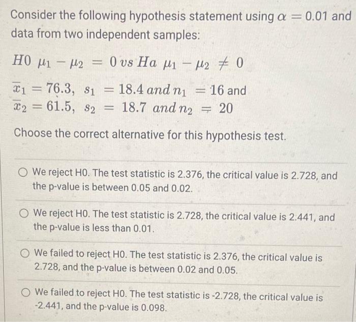 Solved Consider the following hypothesis statement using | Chegg.com
