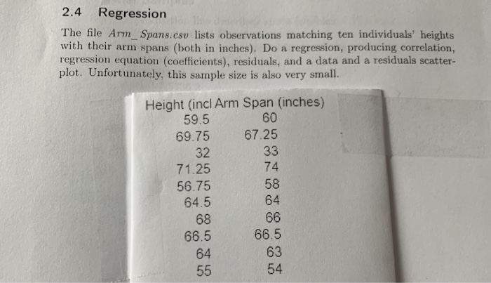 Solved 2.4 Regression The file Arm_Spans.csv lists | Chegg.com