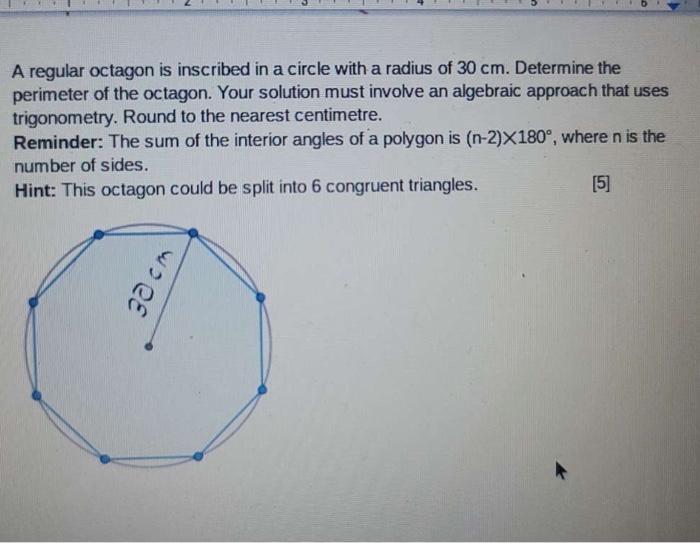 Solved A regular octagon is inscribed in a circle with a | Chegg.com
