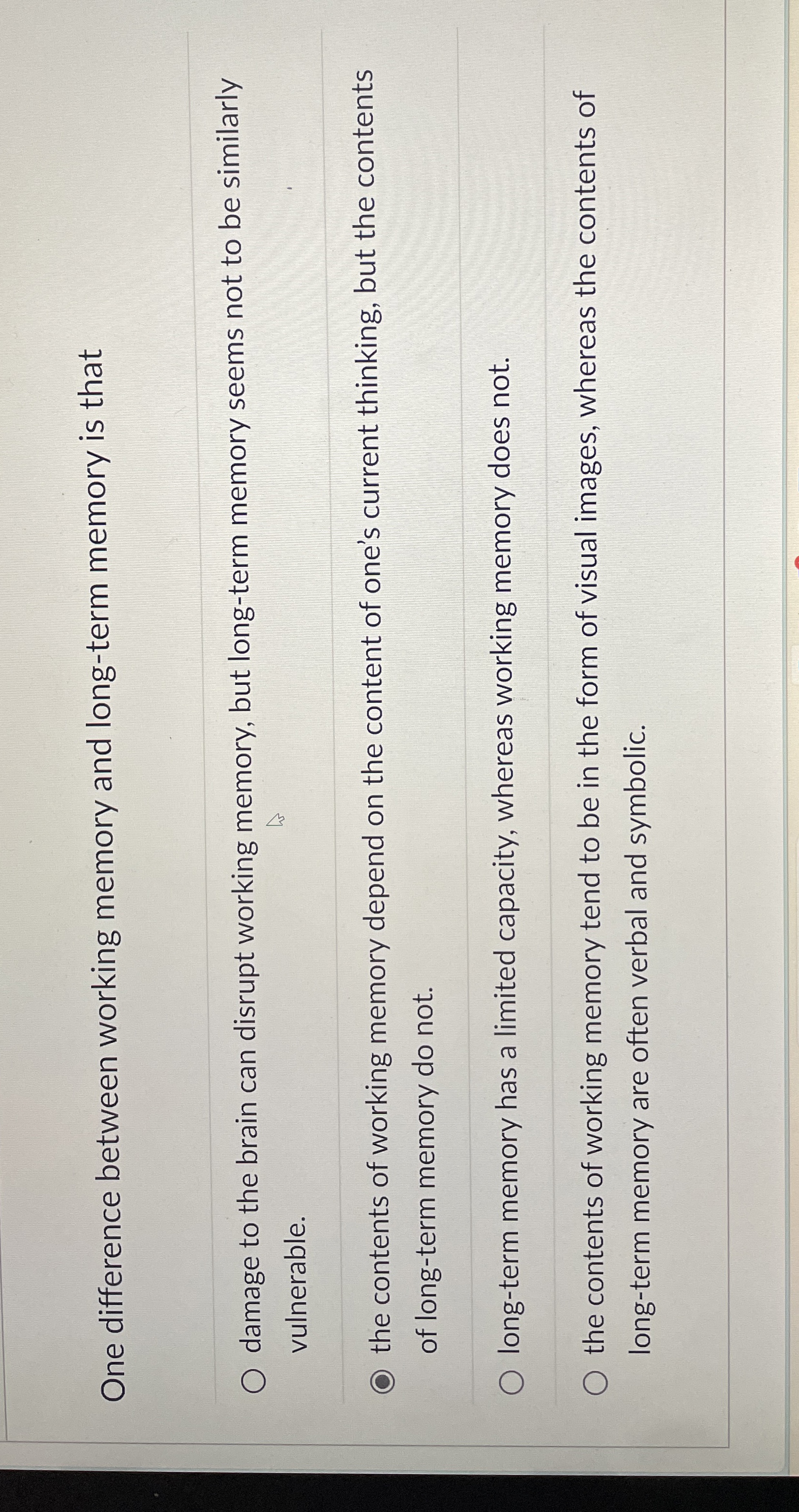 Solved One difference between working memory and long-term | Chegg.com