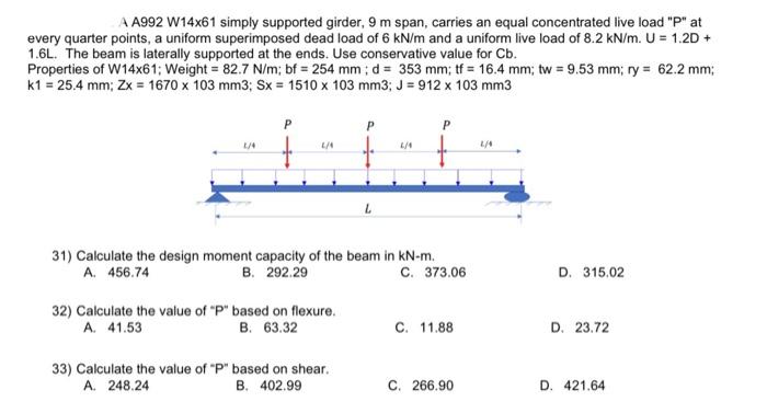 Solved A A992 W14x61 simply supported girder, 9 m span, | Chegg.com