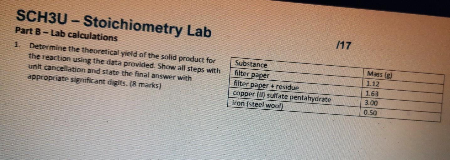 SCH3U - Stoichiometry Lab Part B-Lab calculations | Chegg.com