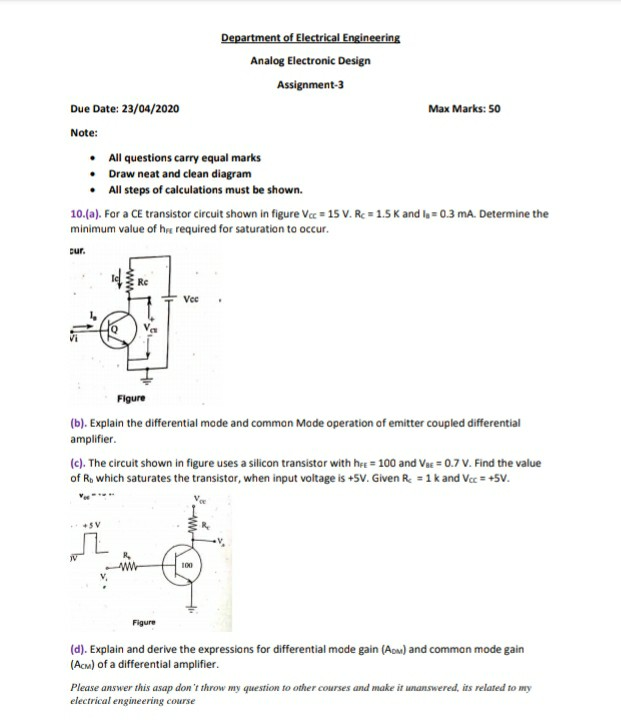 Solved Department of Electrical Engineering Analog | Chegg.com