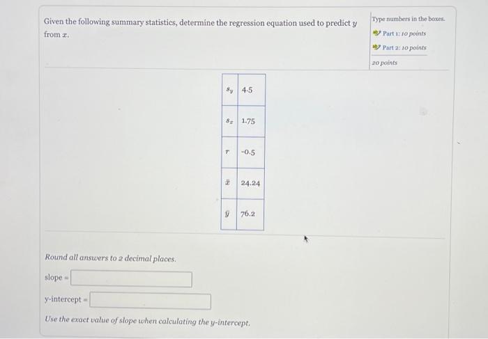 Solved Given the following summary statistics, determine the | Chegg.com