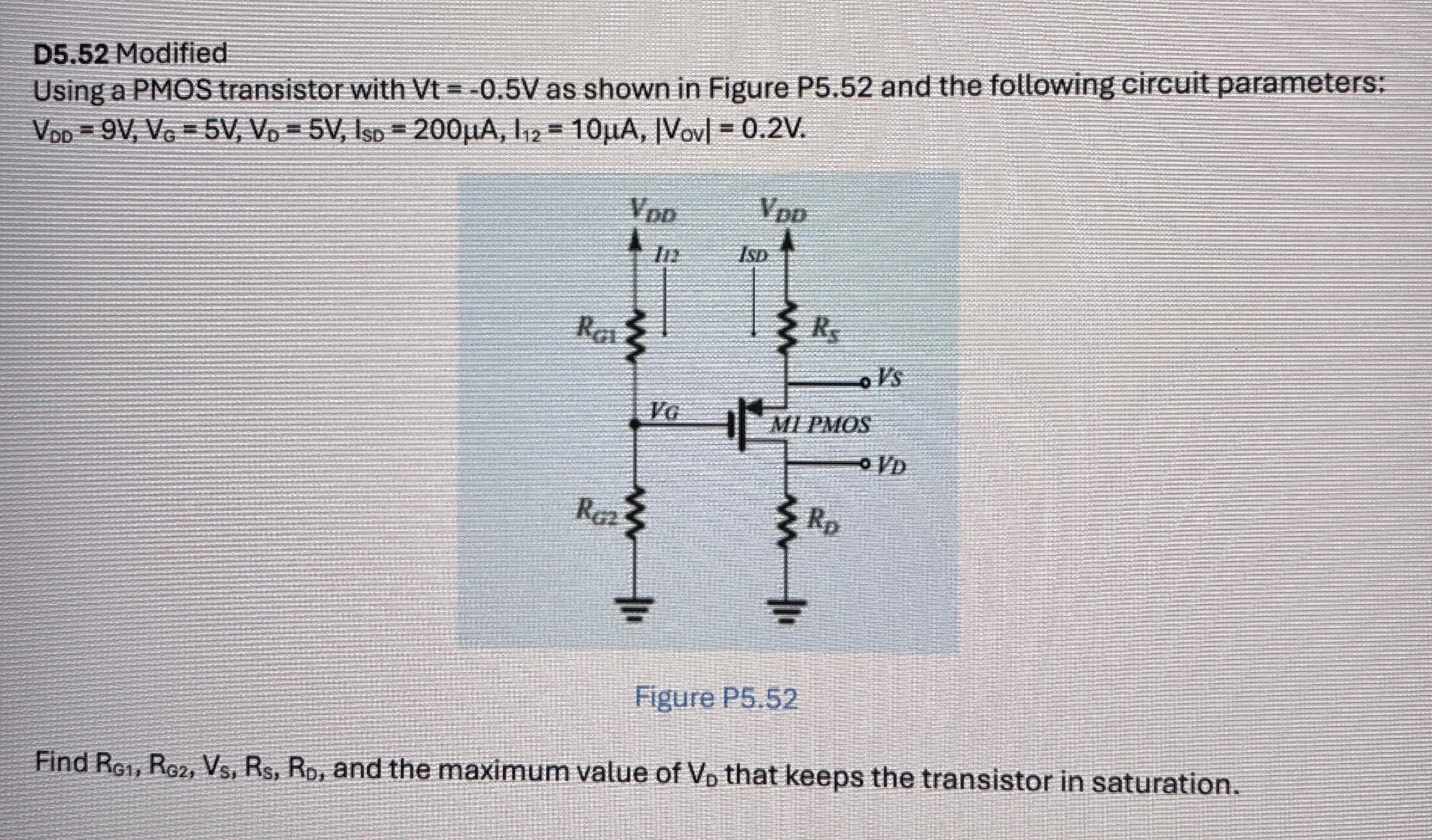 Solved D5.52 ﻿ModifiedUsing a PMOS transistor with Vt=-0.5V | Chegg.com