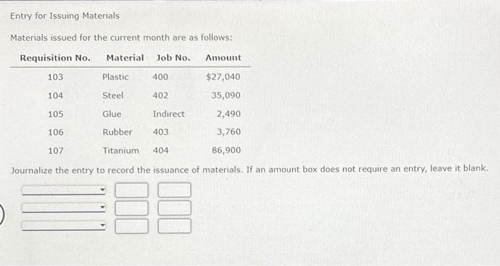 Solved Entry for Issuing Materials Materials issued for the | Chegg.com