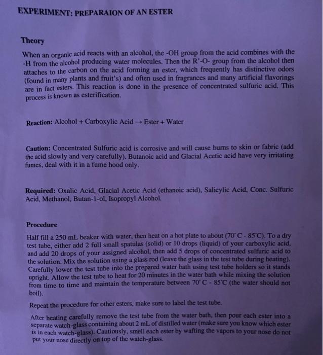 EXPERIMENT: PREPARAION OF AN ESTER Theory When an | Chegg.com